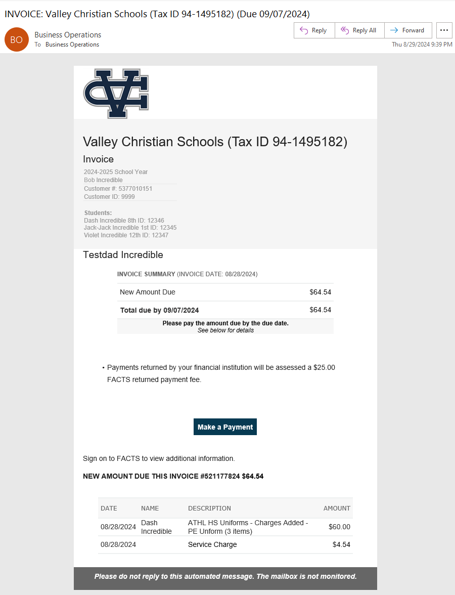 FACTS Incidental Fee Billing & Payment Information